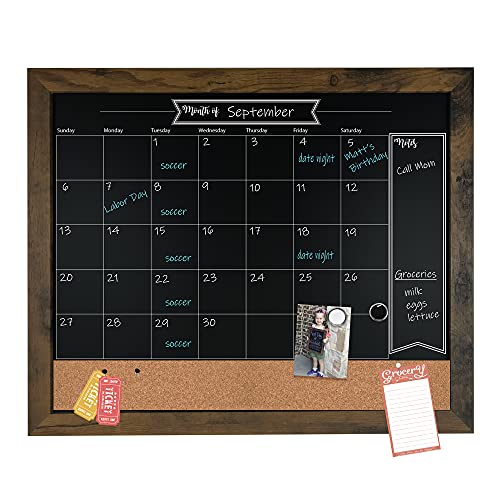 Loddie Doddie 18x24 Rustic Framed Chalkboard Calendar and Bulletin Combo Board. Includes Chalk Markers, Push-Pins and Magnets. Blackboard - Calendar - Cork Board. Perfect for Organizing Your Space