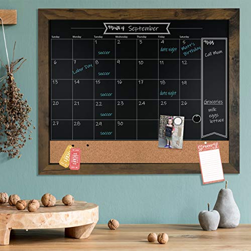 Loddie Doddie 18x24 Rustic Framed Chalkboard Calendar and Bulletin Combo Board. Includes Chalk Markers, Push-Pins and Magnets. Blackboard - Calendar - Cork Board. Perfect for Organizing Your Space