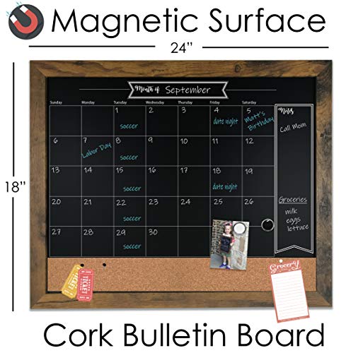 Loddie Doddie 18x24 Rustic Framed Chalkboard Calendar and Bulletin Combo Board. Includes Chalk Markers, Push-Pins and Magnets. Blackboard - Calendar - Cork Board. Perfect for Organizing Your Space