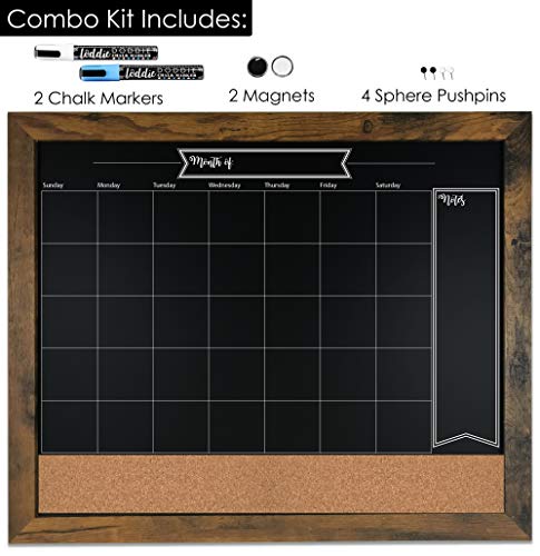 Loddie Doddie 18x24 Rustic Framed Chalkboard Calendar and Bulletin Combo Board. Includes Chalk Markers, Push-Pins and Magnets. Blackboard - Calendar - Cork Board. Perfect for Organizing Your Space