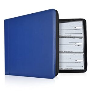 Business Check 7 Ring Checkbook Binder, PU Leather Portfolio, Built in Storage Organizer [Blue]