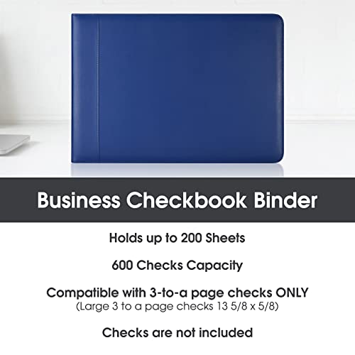 Business Check 7 Ring Checkbook Binder, PU Leather Portfolio, Built in Storage Organizer [Blue]