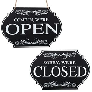 rustic wooden store open and closed business sign two sided reversible come in we’re open or closed store hanging sign for coffee bar shop door window, 11.8 x 7.8 inch (black board, white words)