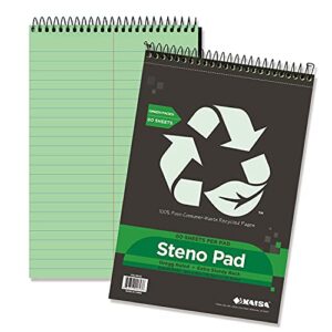 KAISA Steno Pad Notebook, Recycled Paper Gregg Ruled 6" x 9" Green Paper Notebook, 80 Sheets, 6pcs Notepad, KSU-06436