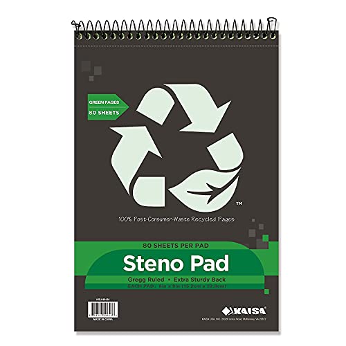 KAISA Steno Pad Notebook, Recycled Paper Gregg Ruled 6" x 9" Green Paper Notebook, 80 Sheets, 6pcs Notepad, KSU-06436