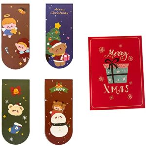 phineon 4pcs christmas magnetic bookmarks with greeting card xmas magnet book marker cute santa snowman bookmark clip for kids, children, students, boys, girls (red)