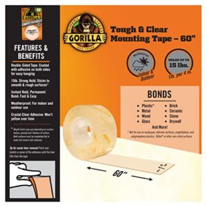 Gorilla Tough & Clear, Double Sided Mounting Tape, Weatherproof, 1" x 60", Clear, (Pack of 1)