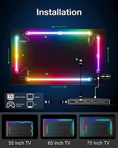 Aubess HDMI 2.0 Sync Box & TV Neon Rope Backlight Kit, WiFi Immersion TV LED Backlights That Compatible with Alexa & Google Assistant for 65" TVs. Fancy Sync Box LED Lights That Sync with TV Picture