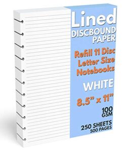 discbound letter size lined paper refill, 250 sheets (500 pages), 8.5 in x 11 in, 100 gsm, 11 disc notebooks