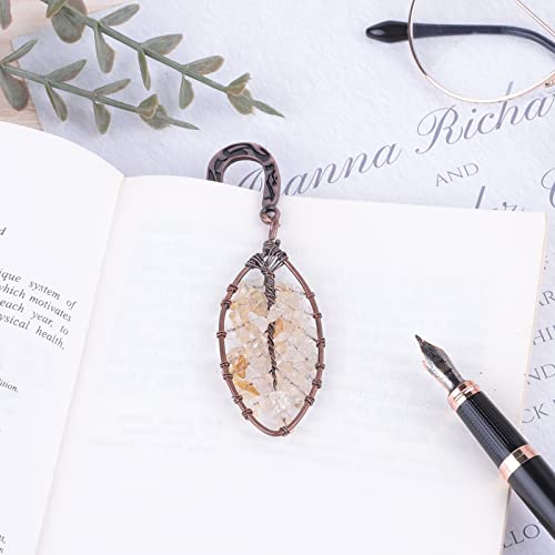 Loveliome Handmade Tumbled Gemstones Antique Copper Metal Bookmark Chakra Healing Crystals Tree of Life Charm, Citrine