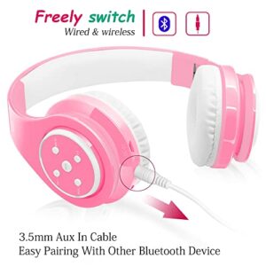 Kids Wireless Bluetooth headphones Volume Limited 85db Stereo Sound Over-Ear Foldable Lightweight Children headphones with Mic SD Card Slot up to 6-8 hours play time for Boys Girls Adults (Pink)