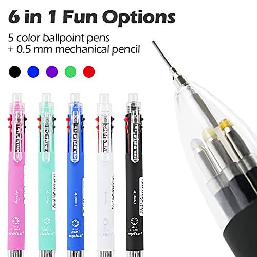 Baile 6 in 1 Multifunctional Ballpoint Pens 5 Colors 0.7 mm Ballpoint Pen and 0.5 mm Mechanical Pencil in One Pen, Pack of 5