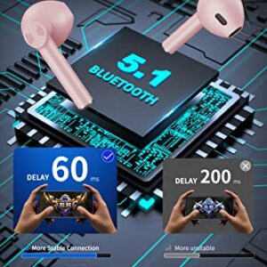 Wireless Earbuds,ENC Noise Cancelling Deep Bass in-Ear Stereo Ear Buds,IPX6 Waterproof Bluetooth 5.1 Headphones with Mic, USB-C Charging Case, Touch Control Earphones for iPhone & Android Pink