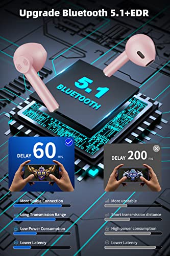 Wireless Earbuds,ENC Noise Cancelling Deep Bass in-Ear Stereo Ear Buds,IPX6 Waterproof Bluetooth 5.1 Headphones with Mic, USB-C Charging Case, Touch Control Earphones for iPhone & Android Pink