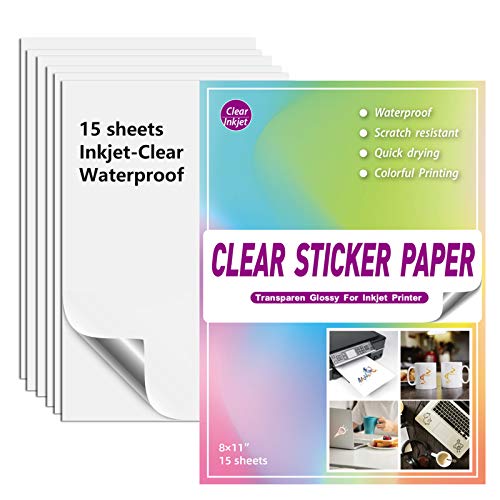 Clear Sticker Paper for Inkjet Printer - 15 Sheets ( 8.5" x 11") Translucent Waterproof Printable Vinyl Sticker Paper for DIY Personalized Stickers Holds Ink Beautifully & Dries Quickly