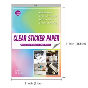 Clear Sticker Paper for Inkjet Printer - 15 Sheets ( 8.5" x 11") Translucent Waterproof Printable Vinyl Sticker Paper for DIY Personalized Stickers Holds Ink Beautifully & Dries Quickly