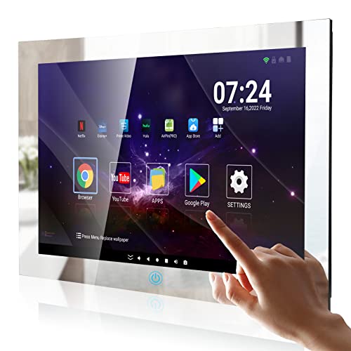 Haocrown 27 Inch Touchscreen Bathroom Mirror TV IP66 Waterproof Smart Television High Brightness 500 & H2 Chip Android 11.0 System 2023 Model Full HD 1080P Built-in 2.4G/5G Wi-Fi Bluetooth ATSC Tuner