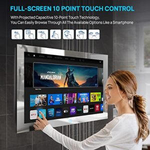 Haocrown 27 Inch Touchscreen Bathroom Mirror TV IP66 Waterproof Smart Television High Brightness 500 & H2 Chip Android 11.0 System 2023 Model Full HD 1080P Built-in 2.4G/5G Wi-Fi Bluetooth ATSC Tuner