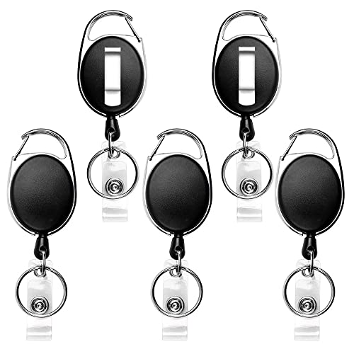 Teskyer 5 Pack Badge Holders, Retractable Badge Reel with Carabiner Belt Clip and Key Ring for ID Card Name Holder and Keychain