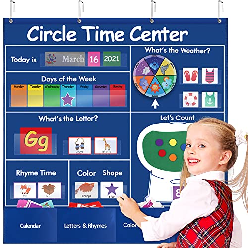 Circle Learning Time Center Pocket Chart Calendar Set, Educational Pocket Chart Learning Shape, Color Classroom Pocket Chart-Number Pocket Chart Wording Rhyme Pictures Pocket Chart