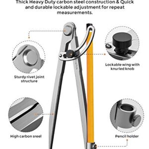 Nicpro 8 Inch Compass for Woodworking with Wing and Pencil Holder, Professional Carpenter Pencil Compass Great for Geometry, Drawing, Drafting