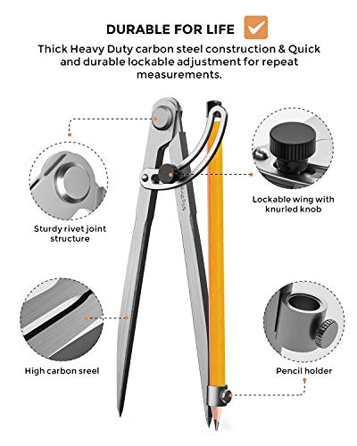 Nicpro 8 Inch Compass for Woodworking with Wing and Pencil Holder, Professional Carpenter Pencil Compass Great for Geometry, Drawing, Drafting