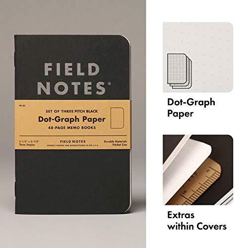 Field Notes 3-Pack Pitch Black Memo Books (3.5" X 5.5"), Dot-Graph, 48 Pages | Thin Pocket Sized EDC Notebook With 90 GSM Paper & Paperback Cover | Work Notebooks For Note Taking | Made in the USA