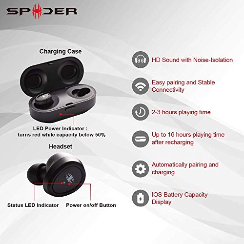 Spider Truly Wireless Bluetooth Earphones BT100, Black, A-EMIC-BT100