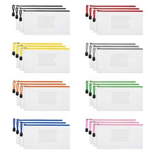 sooez 24 pack mesh zipper pouch, poly zip envelope with label pocket, pencil case bulk, pencil bags zipper pencil pouch, reusable envelopes, for bills, cash, cosmetics, 9.1×4.7 inches