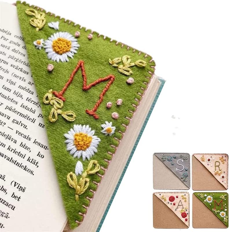 Personalized Hand Embroidered Corner Bookmark, Cute Flower Letter Embroidery Bookmarks, Felt Triangle Page Corner for Book Reading Lovers Meaningful Gift