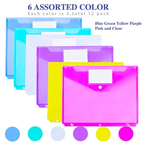 12 Pack Poly Binder Pocket, Side Loading,Letter Size, Pocket Folders Poly Envelopes Clear Document Folders for 3 Ring Binder with Label Pocket & Snap Button