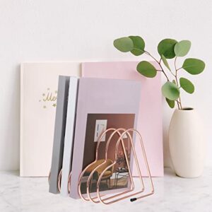 STOBOK Adjustable Bookends Metal Wire Heart Shaped Bookends Desktop Magazine File Holder Record Organizer Newspaper CD Display Rack for Home Office Bookshelf Rose Gold