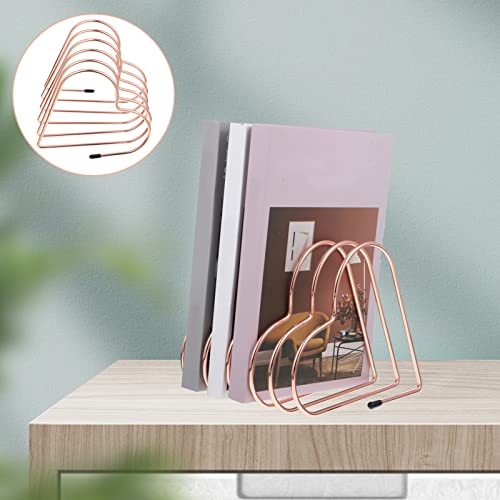 STOBOK Adjustable Bookends Metal Wire Heart Shaped Bookends Desktop Magazine File Holder Record Organizer Newspaper CD Display Rack for Home Office Bookshelf Rose Gold