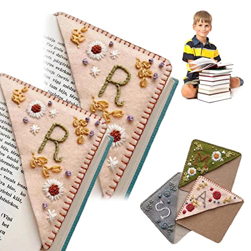 2 PCS Personalized Hand Embroidered Corner Bookmark, 26 Letters Hand Stitched Felt Corner Letter Bookmark, Felt Triangle Bookmark Handmade Stitched Book Marker, for Book Reading Lovers Gift