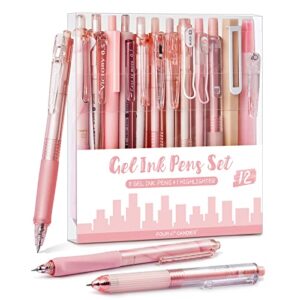 four candies 12pack pastel gel ink pen set, 11 pack black ink pens with 1pack highlighter for writing, retractable 0.5mm fine point gel pens, cute note taking pens for school office (pink)