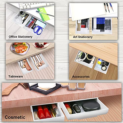 YOOUSOO 2 Pack Under Desk Drawer Organizer Slide Out Desk Drawer Attachment Plastic Desk Accessories & Workspace Organizers,Hidden Desktop Organizer Pen Holder for Desk Self-Adhesive