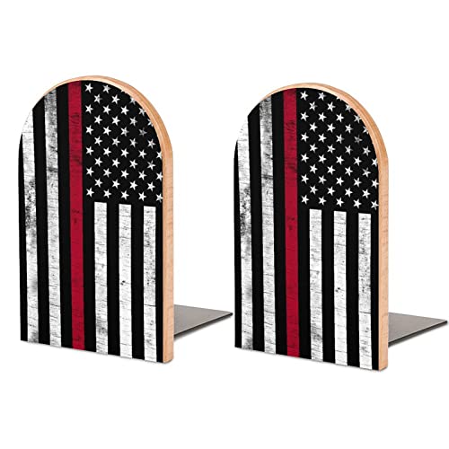 NFGSE Book Ends, 2 Pcs 5 X 3 Inch Modern Home Decorative Bookends for Shelves, Fashion Design Wood Book Stopper for Heavy Books Office School Home Kitchen America Firefighter Flag Thin Red Line