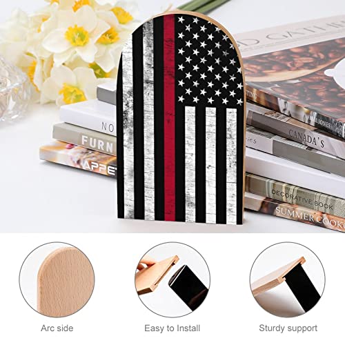 NFGSE Book Ends, 2 Pcs 5 X 3 Inch Modern Home Decorative Bookends for Shelves, Fashion Design Wood Book Stopper for Heavy Books Office School Home Kitchen America Firefighter Flag Thin Red Line