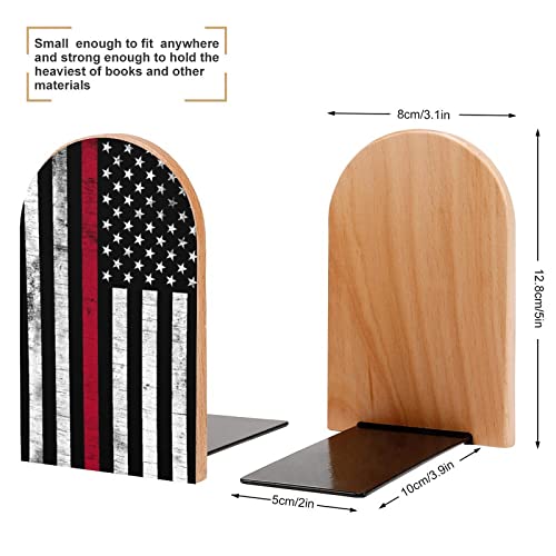 NFGSE Book Ends, 2 Pcs 5 X 3 Inch Modern Home Decorative Bookends for Shelves, Fashion Design Wood Book Stopper for Heavy Books Office School Home Kitchen America Firefighter Flag Thin Red Line