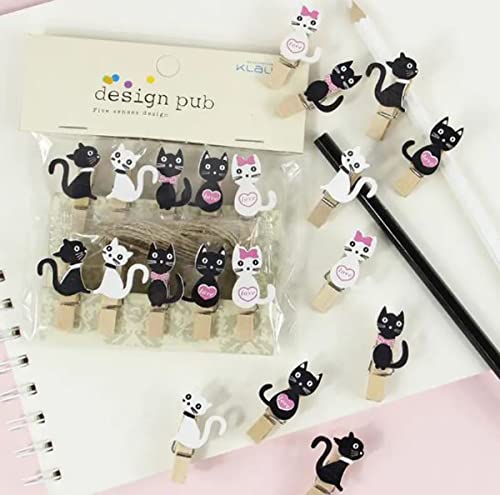 10Pcs Cute Cat Paper Clips! Cat Animal Shaped Wooden Memo Clips Bookmark with Hemp Rope! Fun Office Supplies Gifts for Women Men Teachers! (Cat)