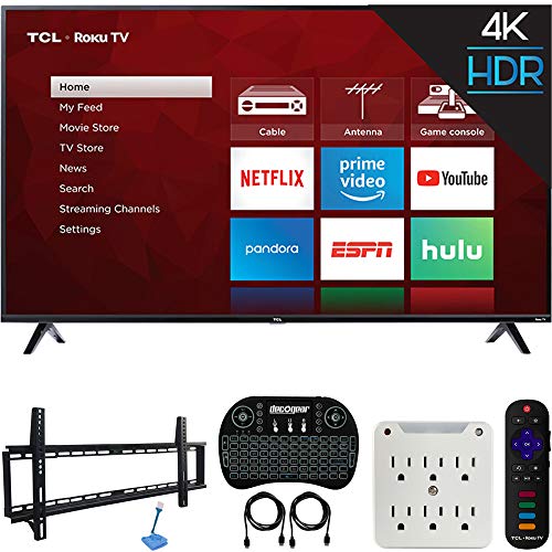 TCL 65S425 65-inch 4-Series 4K Ultra HD Roku Smart TV Bundle with 37-70-inch Low Profile Wall Mount Kit, Deco Gear Wireless Keyboard and 6-Outlet Surge Adapter with Night Light