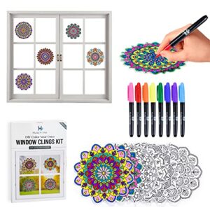 color your own stained glass mandala window clings and markers, 10 suncatchers for windows, arts and crafts diy kit for adults, hobby, gifts for beginners, kids, teens, seniors, women, elderly