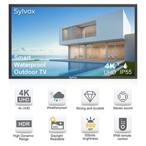 SYLVOX Outdoor TV, Waterproof 4K Smart TV, Supports Bluetooth Wi-Fi, Commercial Grade Equal Bezel LED TV, Suitable for Partial Sun Areas