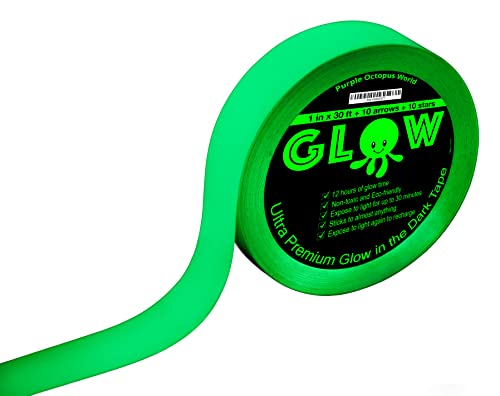 Best Glow in The Dark Tape 1 in x30 ft+10 Arrows+10 Stars -Bright, Long-Lasting Fluorescent Tape for Halloween,Outdoor, Night Decorations, Safety, Stairs, Theater