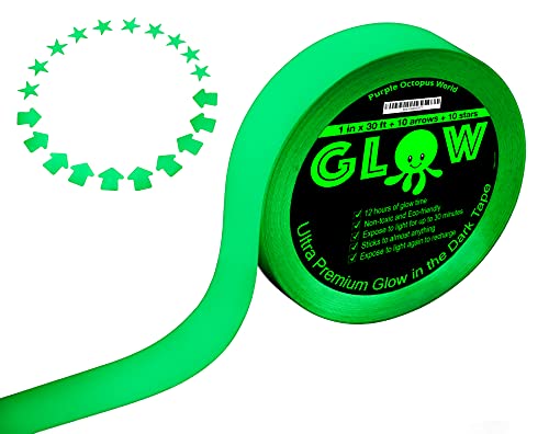 Best Glow in The Dark Tape 1 in x30 ft+10 Arrows+10 Stars -Bright, Long-Lasting Fluorescent Tape for Halloween,Outdoor, Night Decorations, Safety, Stairs, Theater