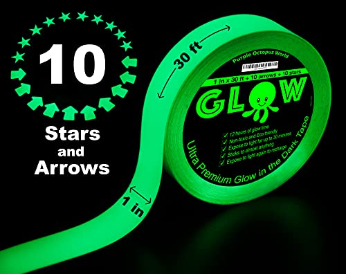 Best Glow in The Dark Tape 1 in x30 ft+10 Arrows+10 Stars -Bright, Long-Lasting Fluorescent Tape for Halloween,Outdoor, Night Decorations, Safety, Stairs, Theater