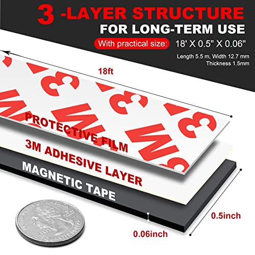 Magnetic Tape, Flexible Magnet Tape Strips Roll (1/2'' Wide x 18 ft Long) with Strong 3M Adhesive Backing, Perfect for DIY, Art Projects, whiteboards & Fridge Organization