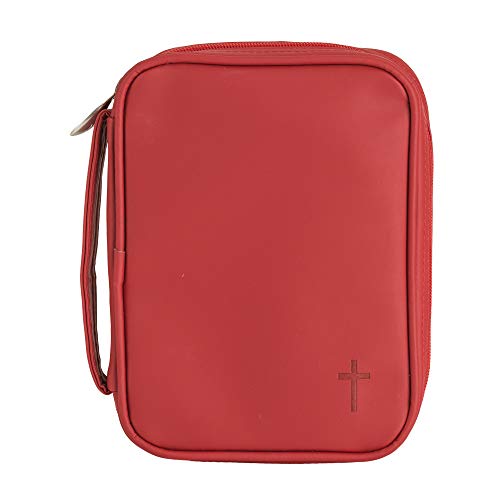 Matte Red Stitched Cross 8 x 6 Fabric Zippered Bible Cover Case with Handle, Compact