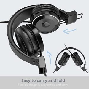 BASEMAN Wired Headphones with Microphone - Foldable Wired On-Ear Headphones for Laptops Computer Cellphone Tablet, Stereo Bass Headsets with 3.5mm Jack No-Tangle Cord for Boys Girls Women Men - Black