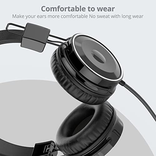 BASEMAN Wired Headphones with Microphone - Foldable Wired On-Ear Headphones for Laptops Computer Cellphone Tablet, Stereo Bass Headsets with 3.5mm Jack No-Tangle Cord for Boys Girls Women Men - Black